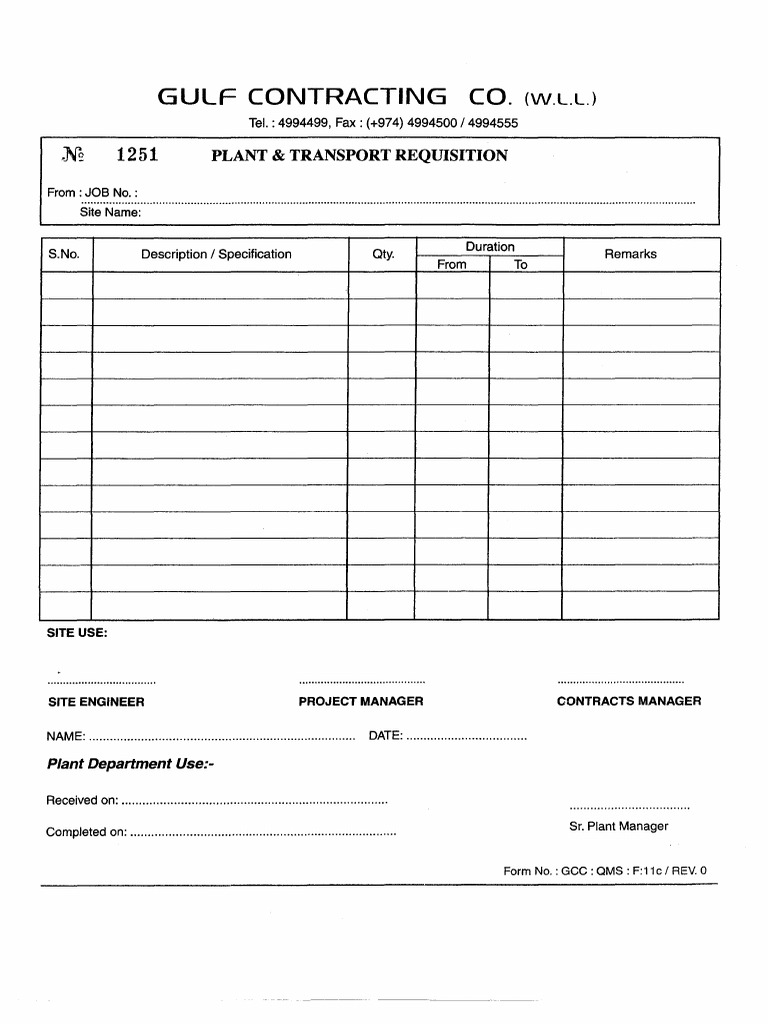GCC QMS F 011c-Plant & Transport Requisition | PDF