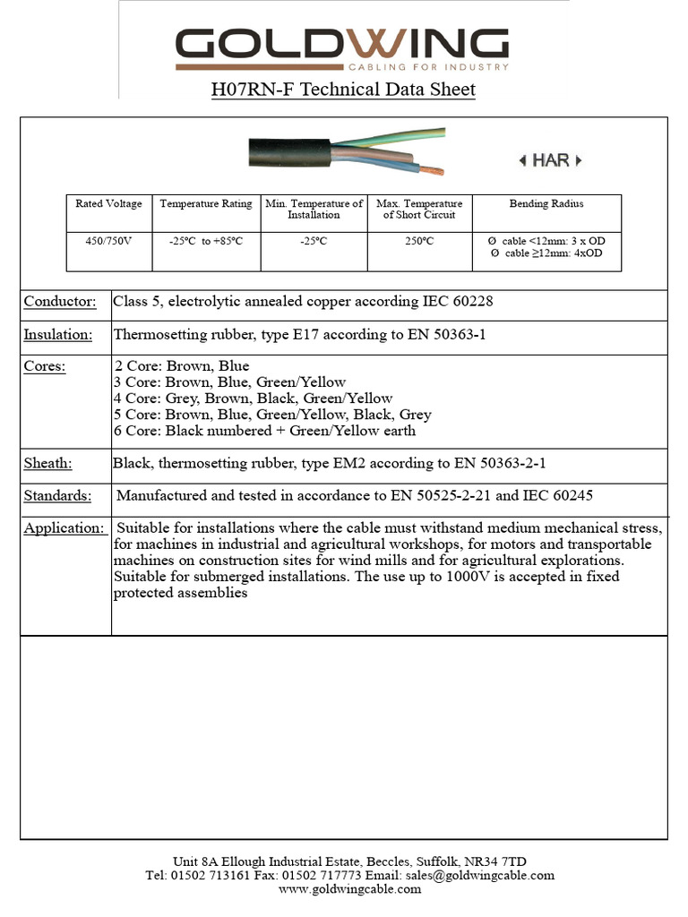 CABLE H07RN-F Technical Datasheet - Goldwing | PDF | Electrical Engineering | Electricity