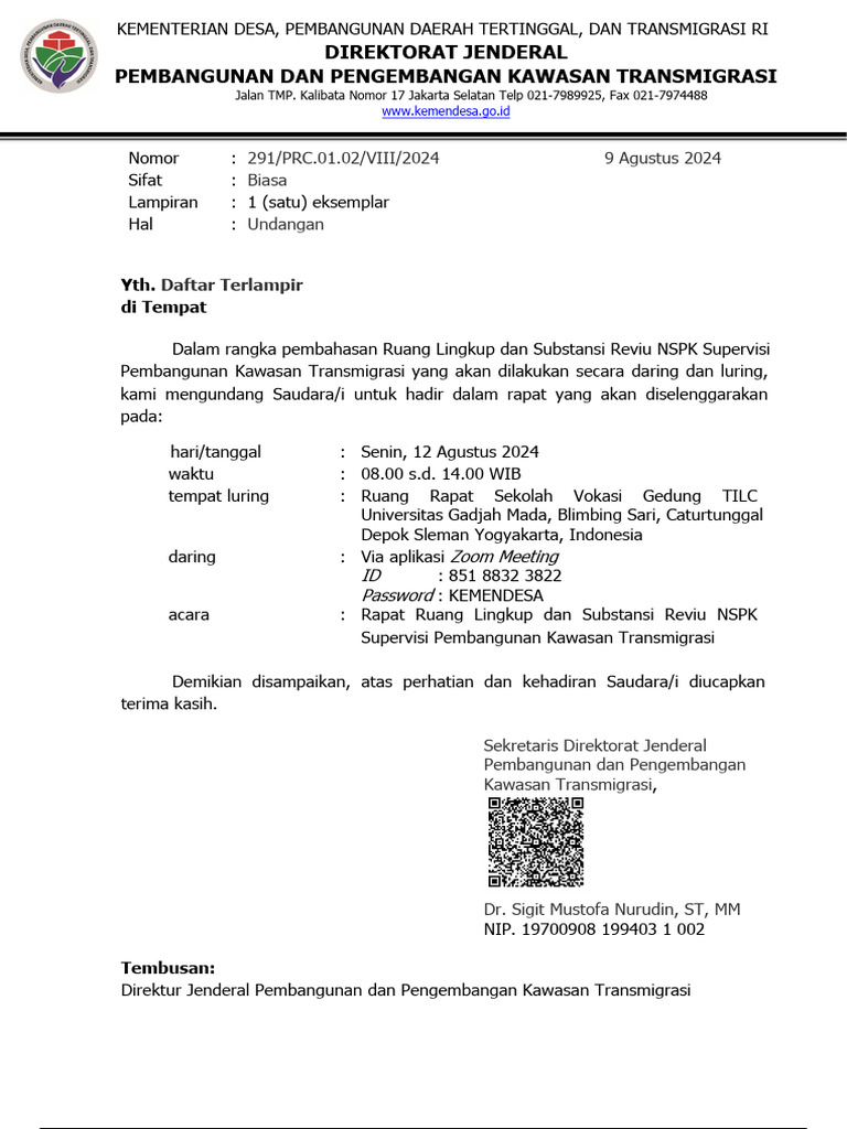 Undangan Rapat Reviu NSPK Transmigrasi | PDF