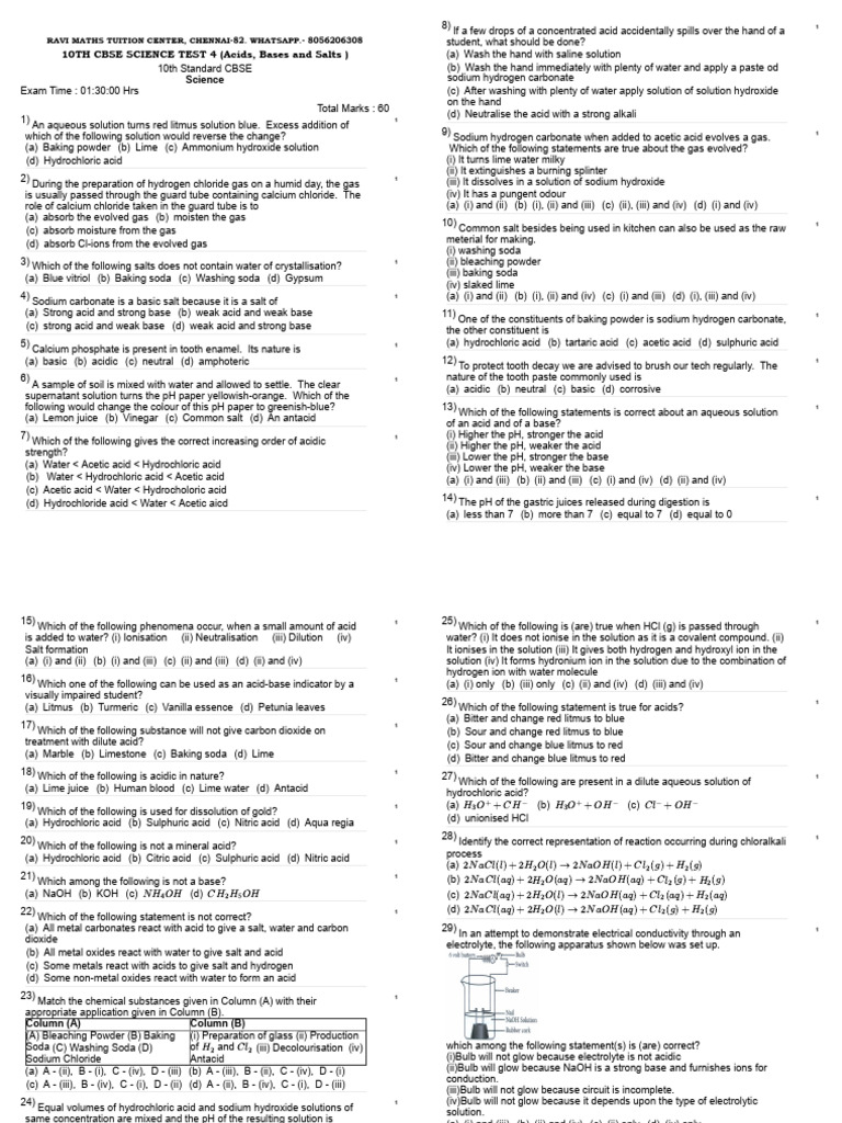Cbse 10th Science Test 4 (Acids, Bases and Salts) Q | PDF | Sodium ...