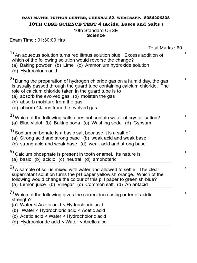 Cbse 10th Science Test 4 (Acids, Bases and Salts) Qa | PDF | Acid ...