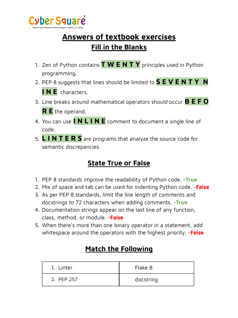 G-10 Lesson-1(Pep 8 Standards) Answer Key | PDF | Python (Programming ...