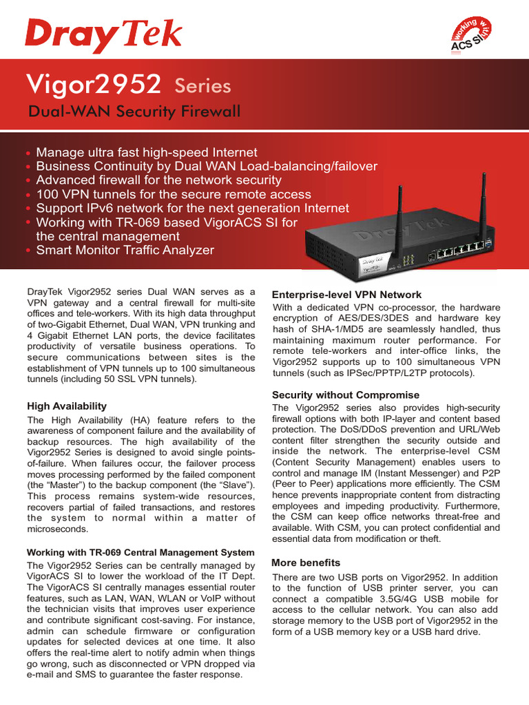 1511844624_draytek-vigor2952-datasheet-160517 | PDF | Virtual Private Network | Computer Network