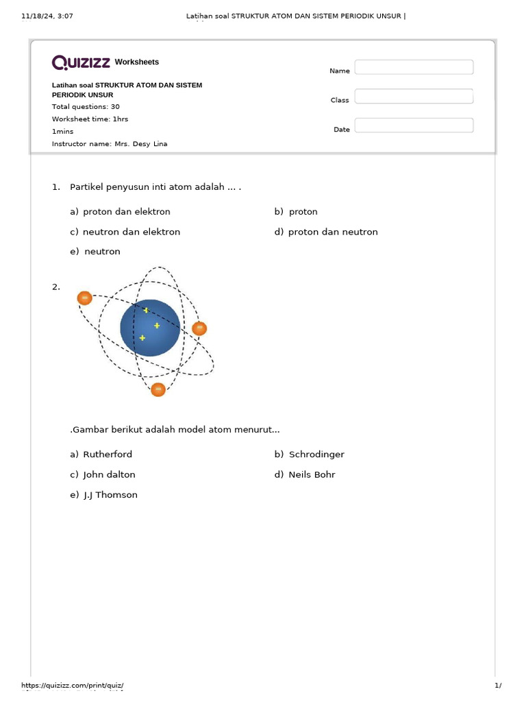 Latihan Soal Struktur Atom Dan Sistem Periodik Unsur | PDF