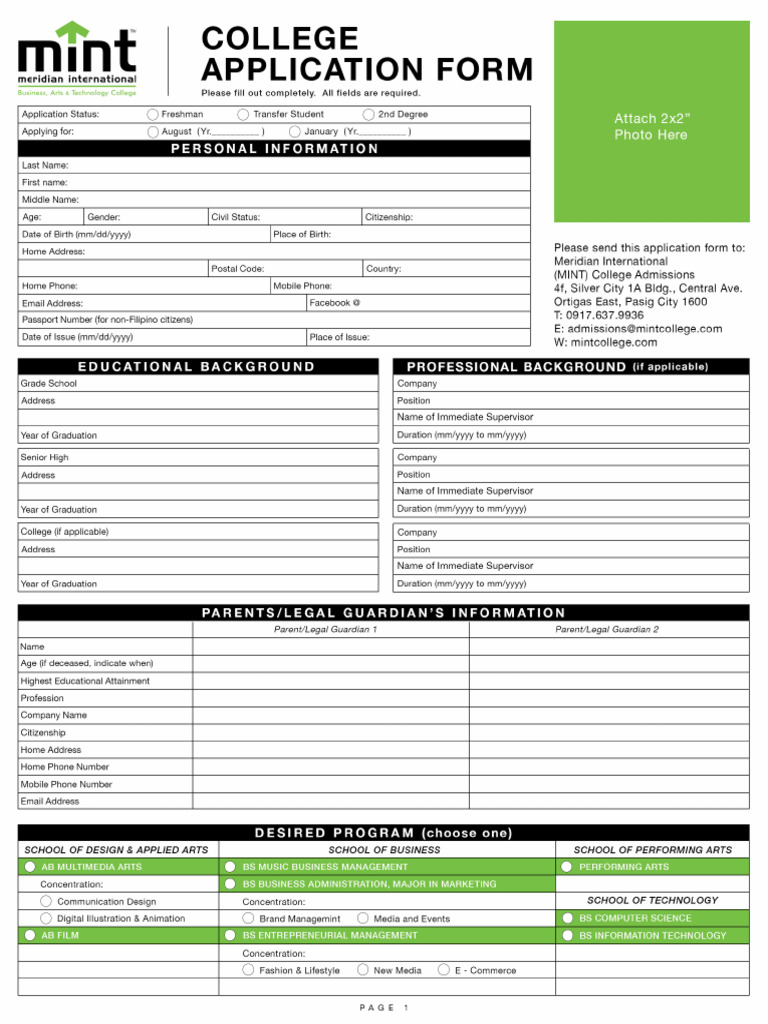 MINT COLLEGE Application Form | PDF