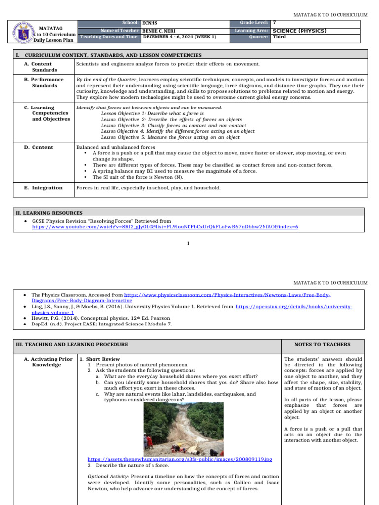 DLL Matatag - Science 7 q3 w1 | PDF | Force | Educational Assessment