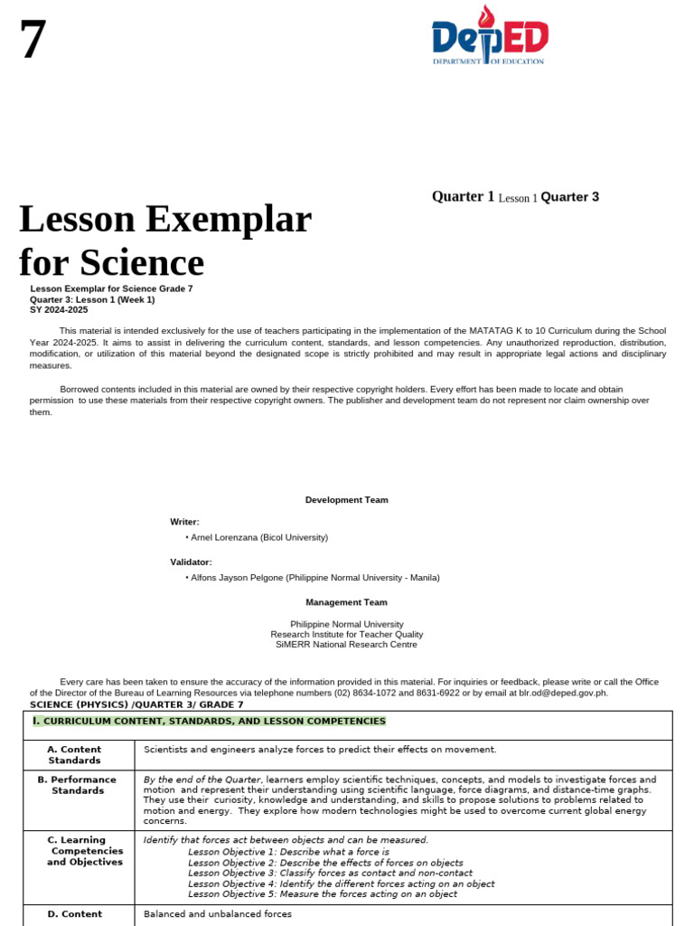 Q3 - LE - Science 7 - Lesson 1 - Week 1 | PDF | Force | Measurement