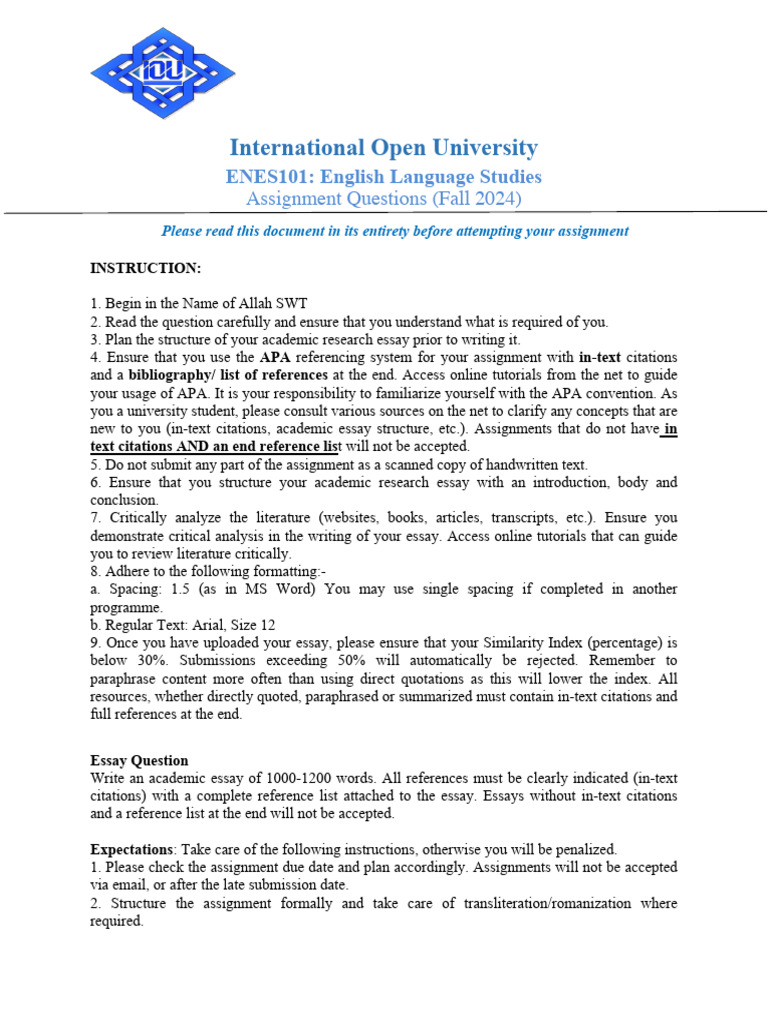 ENES101 Assignment (Fall 24) | PDF | Plagiarism | Citation