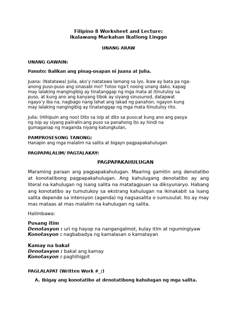 Filipino8 Worksheet Q2 W3 | PDF