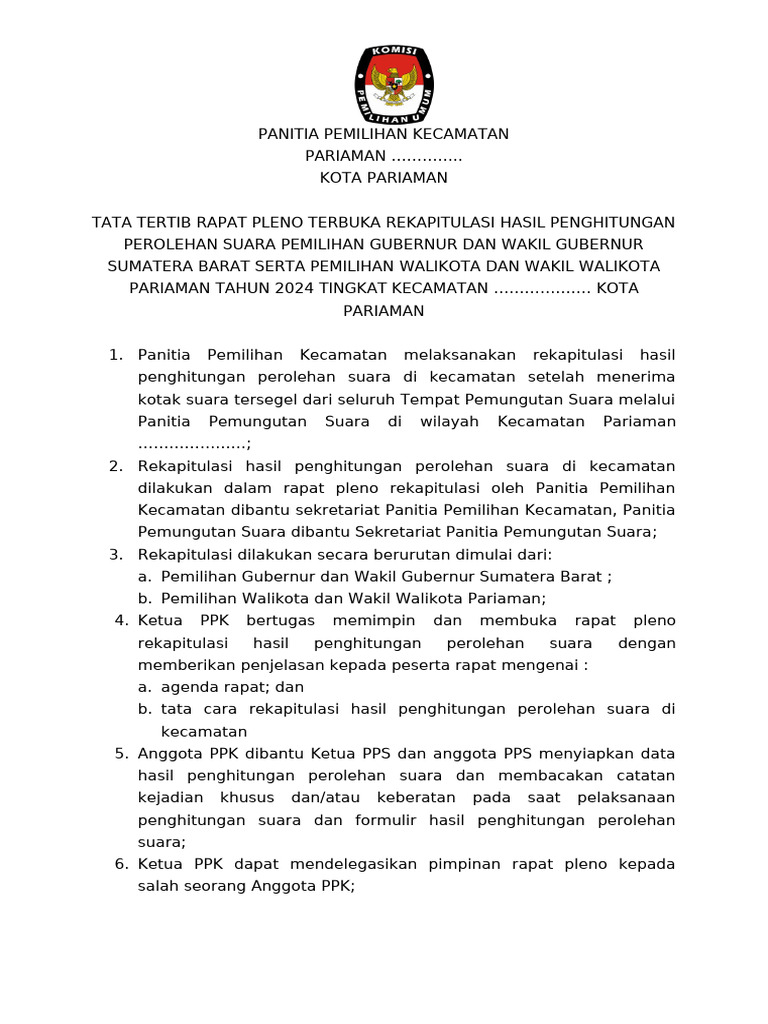 Tatib Rekap Kecamatan Pemilihan 2024 | PDF