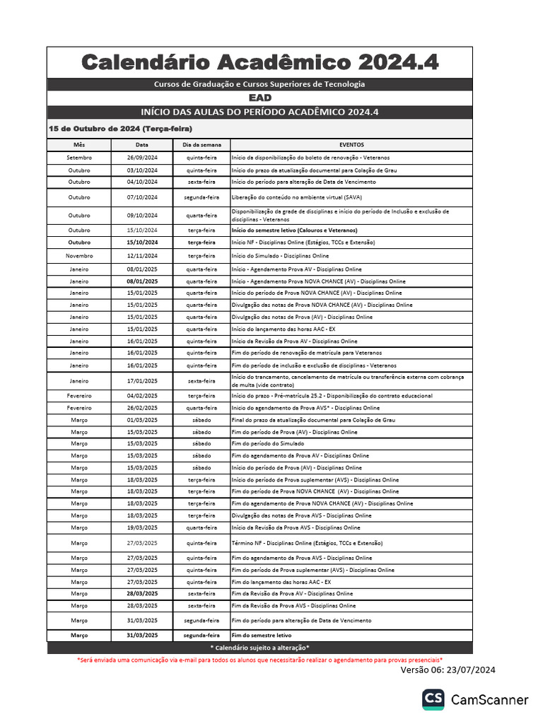 Calendário Acadêmico EAD 2024.4 | PDF
