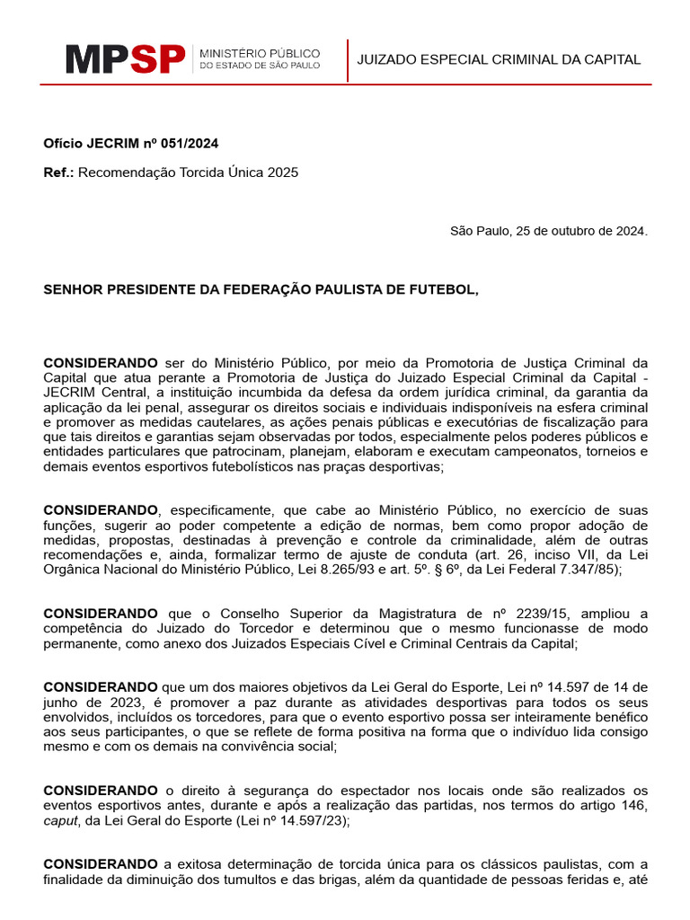 Ofício JECRIM 051 - 2024 - Torcida Única 2025 | PDF | Direito Penal