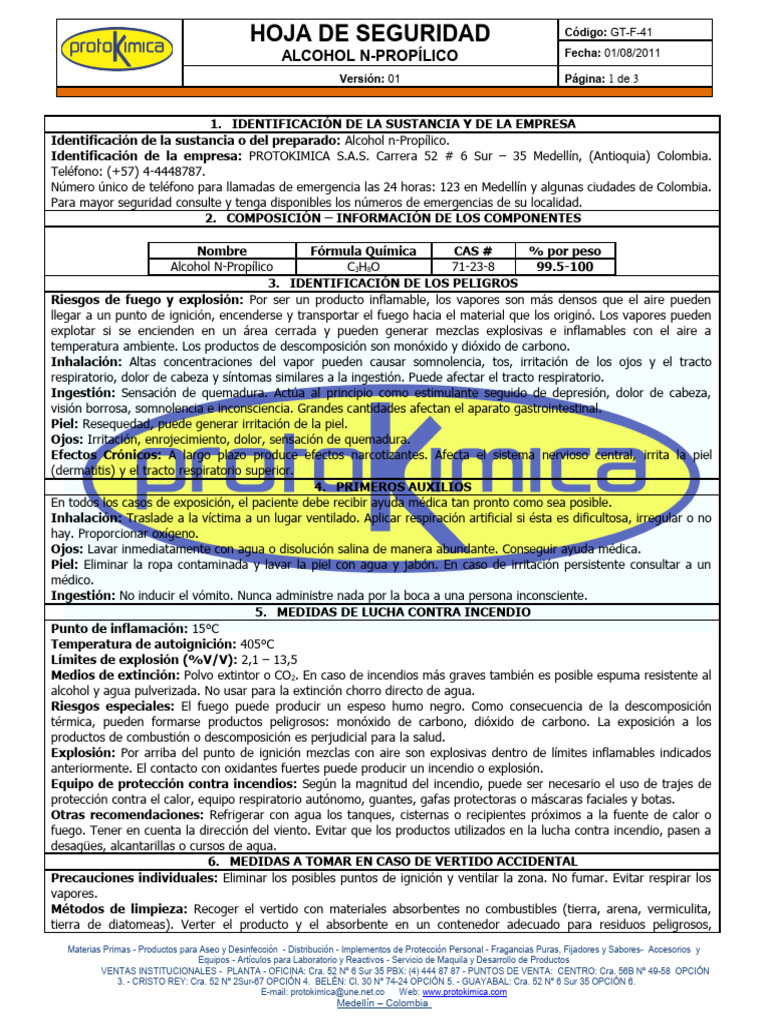 Hoja de Seguridad: Alcohol n-Propílico | PDF | Agua | Ventilación ...