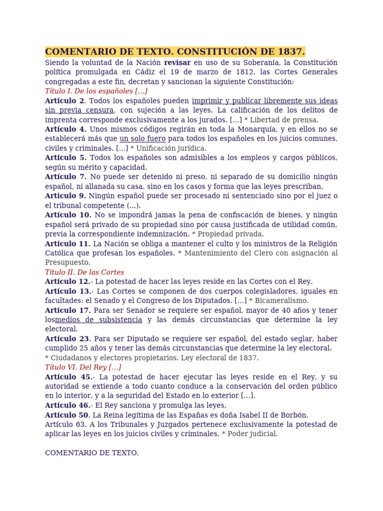 Constitución de 1837: Análisis Histórico | PDF | España | Justicia