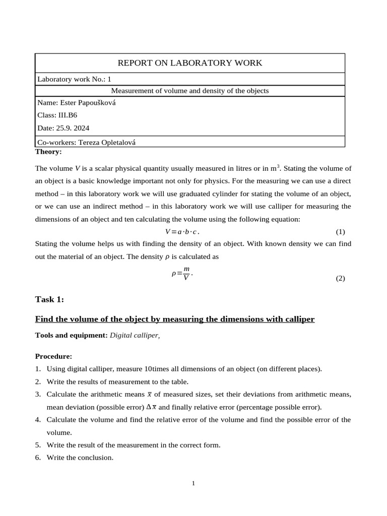 Lab - Report - 1 Density | PDF | Volume | Density