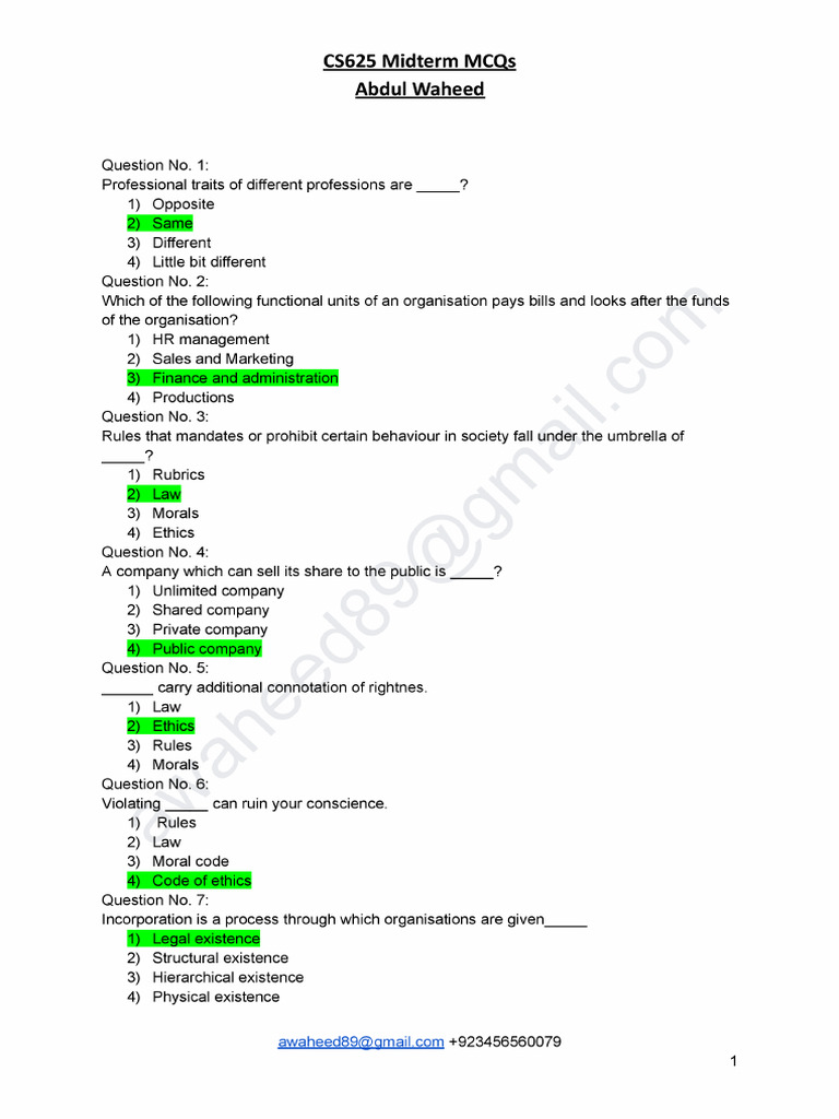 CS625 Midterm MCQs Prepared by Abdul Waheed | PDF