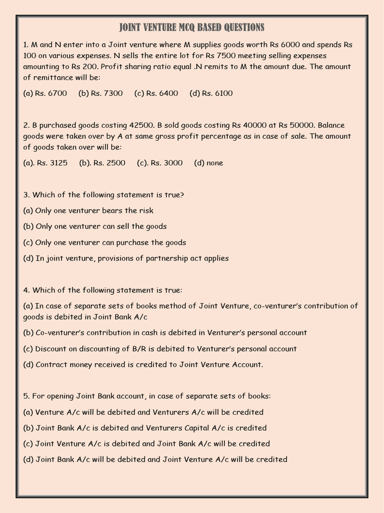 Joint Venture MCQ Based Questions | PDF | Debits And Credits | Expense