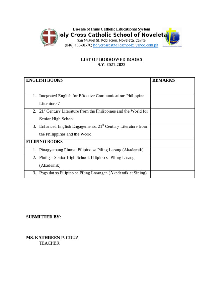 Borrowed Books List for Holy Cross School | PDF