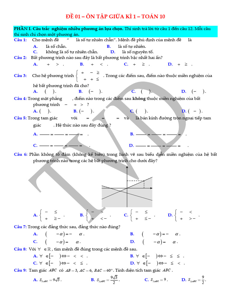 De 01 on Tap Giua Ki 1 Toan 10 | PDF
