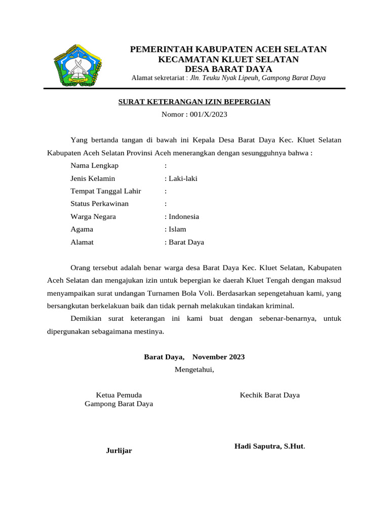 Surat Keterangan Izin Bepergian | PDF