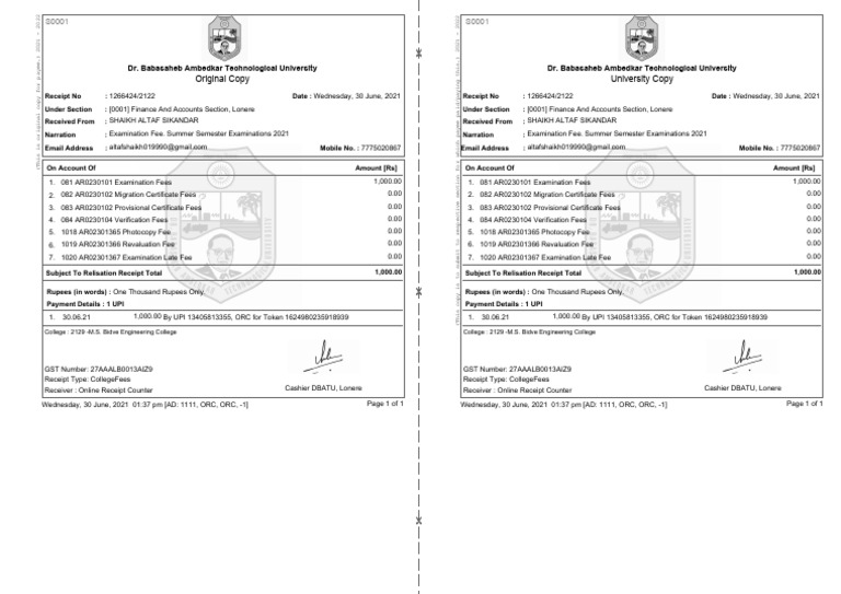 Examination Fee Receipt 2021-2022 | PDF | Payments | Money