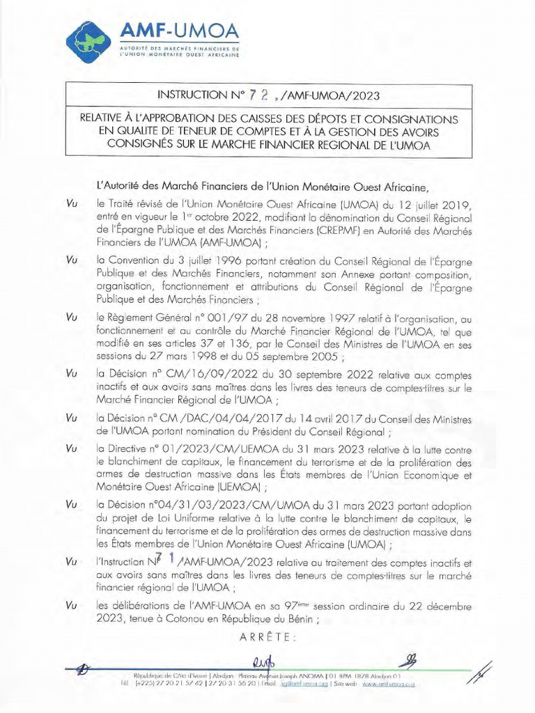 Instruction n°72_AMF-UMOA_2023 | PDF