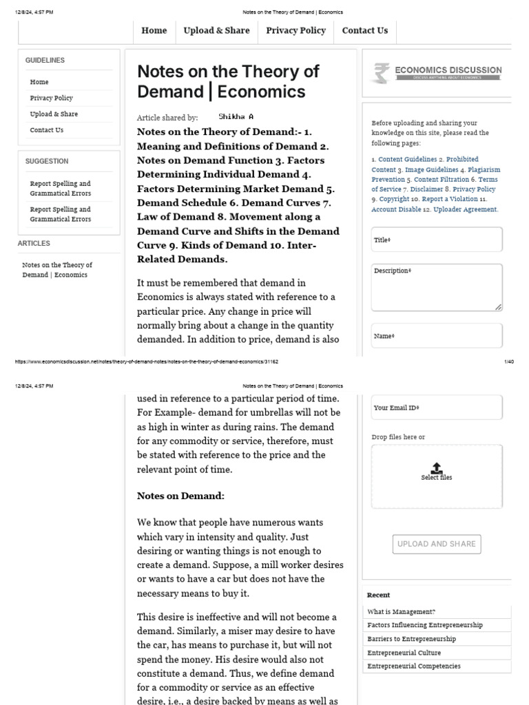 Notes On The Theory of Demand - Economics | PDF | Demand | Demand Curve
