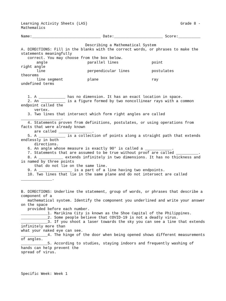 Grade 8 Mathematics Learning Activity Sheets | PDF | Line (Geometry) | Mathematical Concepts