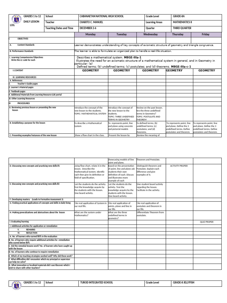 DLL Math 8 Third Quarter | PDF | Axiom | Geometry
