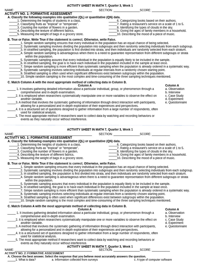 Activity Sheet in Math 7 Q3 Week 1 | PDF | Sampling (Statistics ...