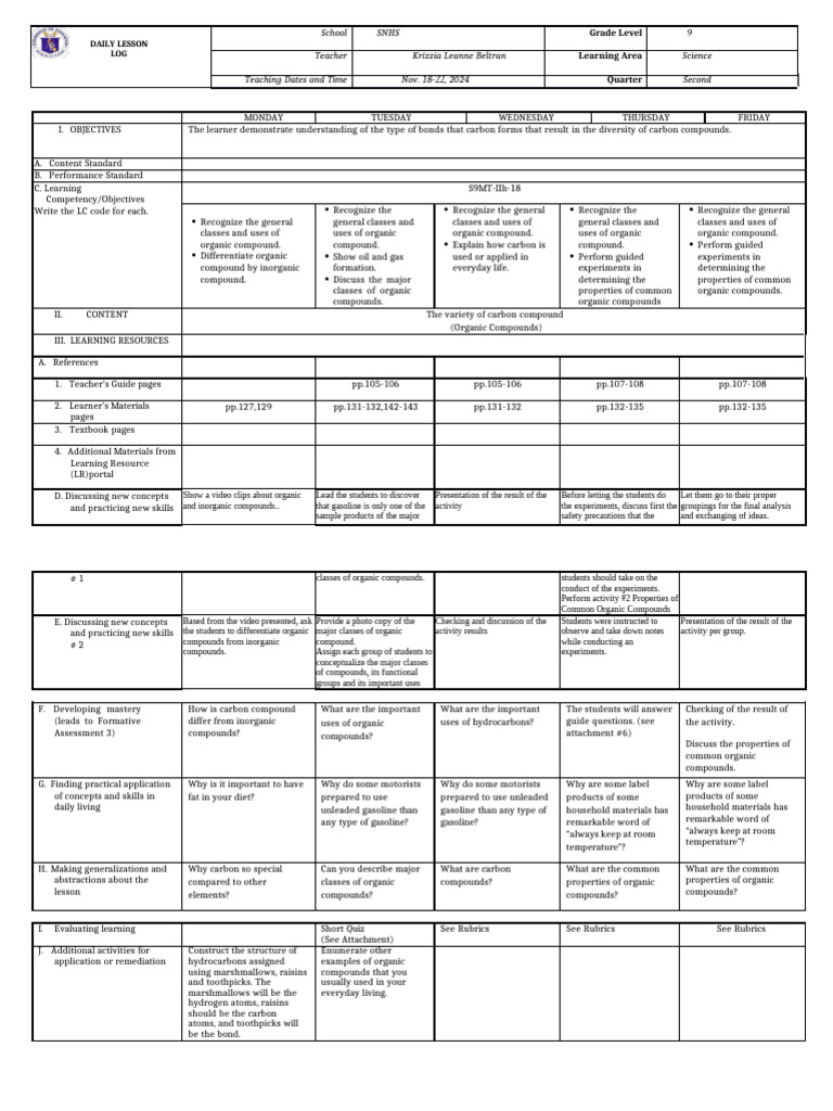 Science Lesson Plan: Carbon Compounds | PDF | Organic Compounds ...