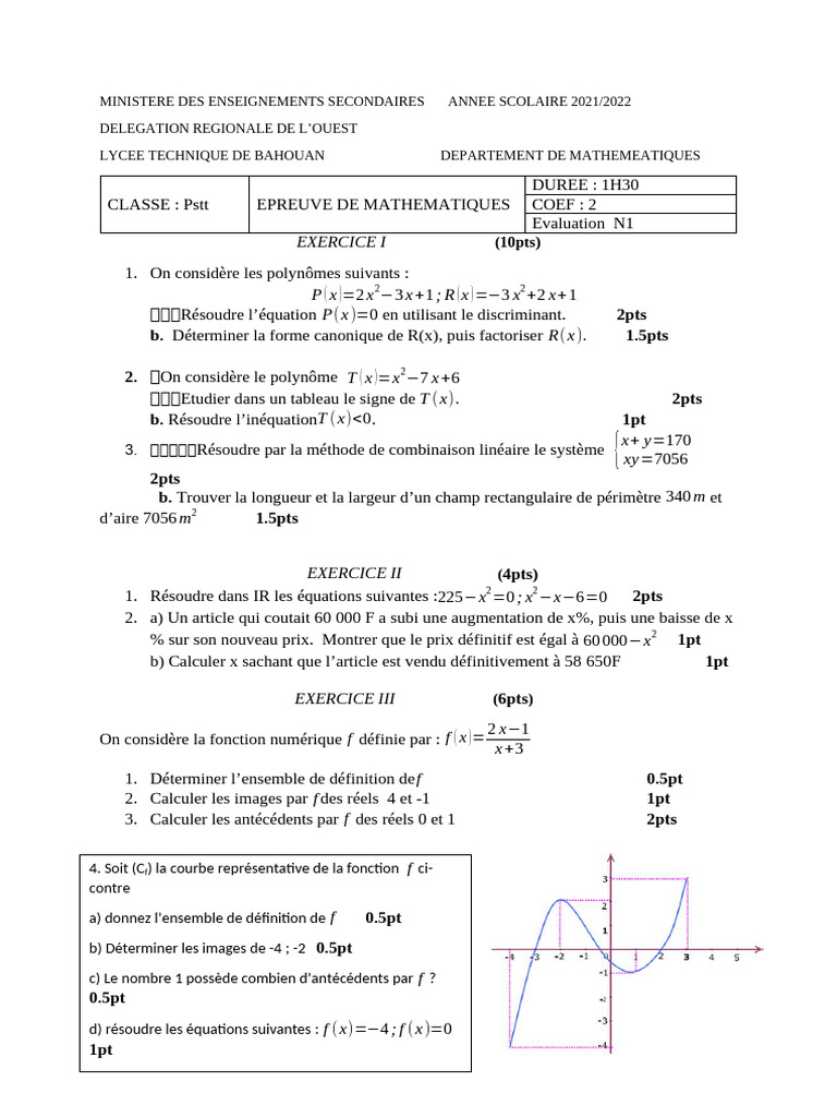 Évaluation de Mathématiques Pstt 2021/2022 | PDF | Géométrie algébrique ...