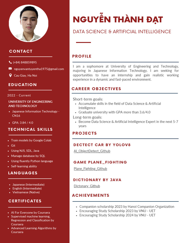 CV NguyenThanhDat Ai Intern | PDF