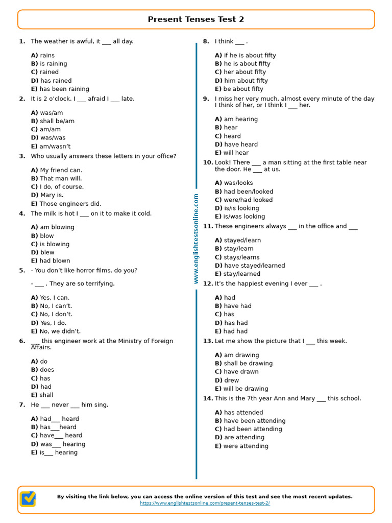 1381 - Present Tenses Test 2 | PDF