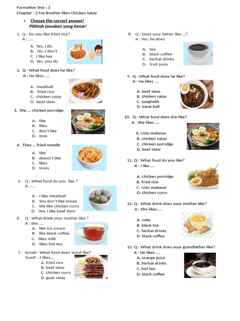 Grade 3 Formative Test 3 Chapter 2 | PDF | Drink | Foods