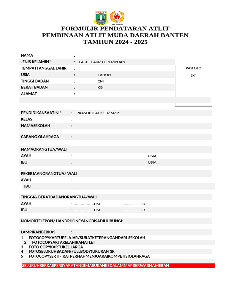 Formulir Pendataran Atlit | PDF