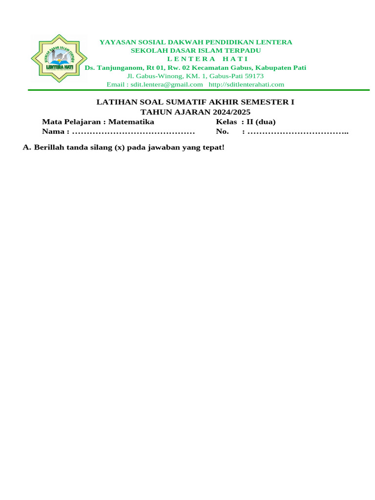 Latihan Soal SAS I Matematika Kelas 2C TP 2024 2025 | PDF