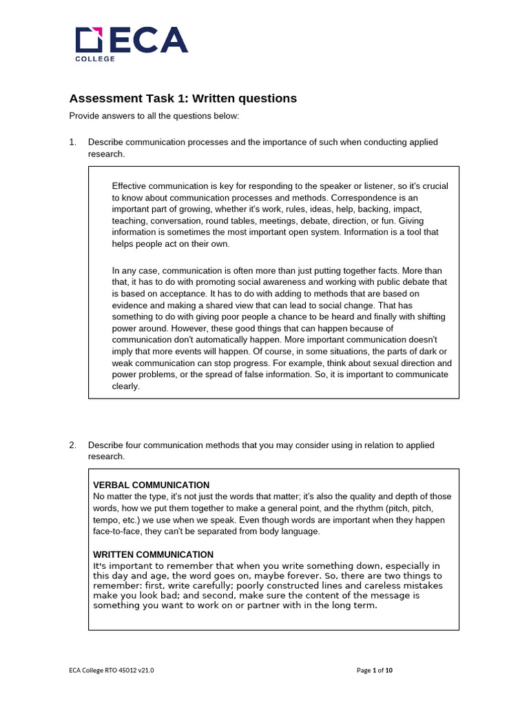 Assessment Task 1 - Written Questions Template | PDF | Communication | Data