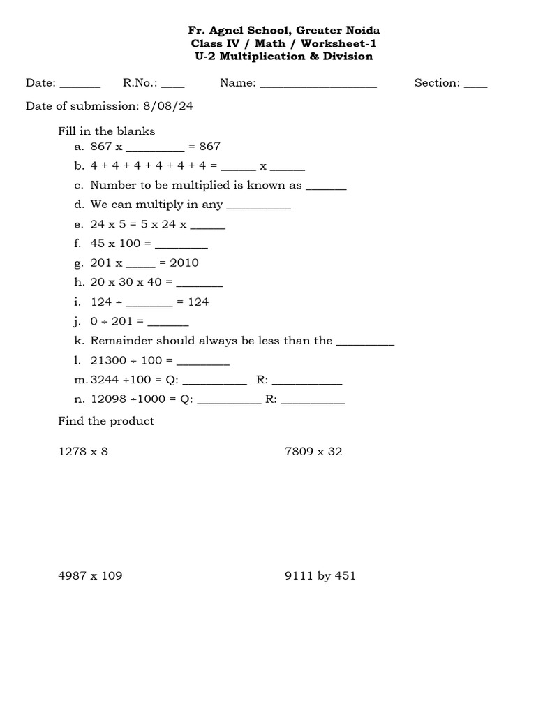 4 Worlsheet Multiplication & Division | PDF | Division (Mathematics) | Elementary Mathematics