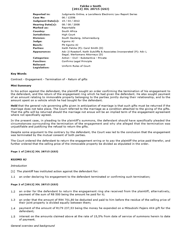 Falcke V Smith (2012) JOL 28715 (GSJ) | PDF | Contractual Term | Lawsuit