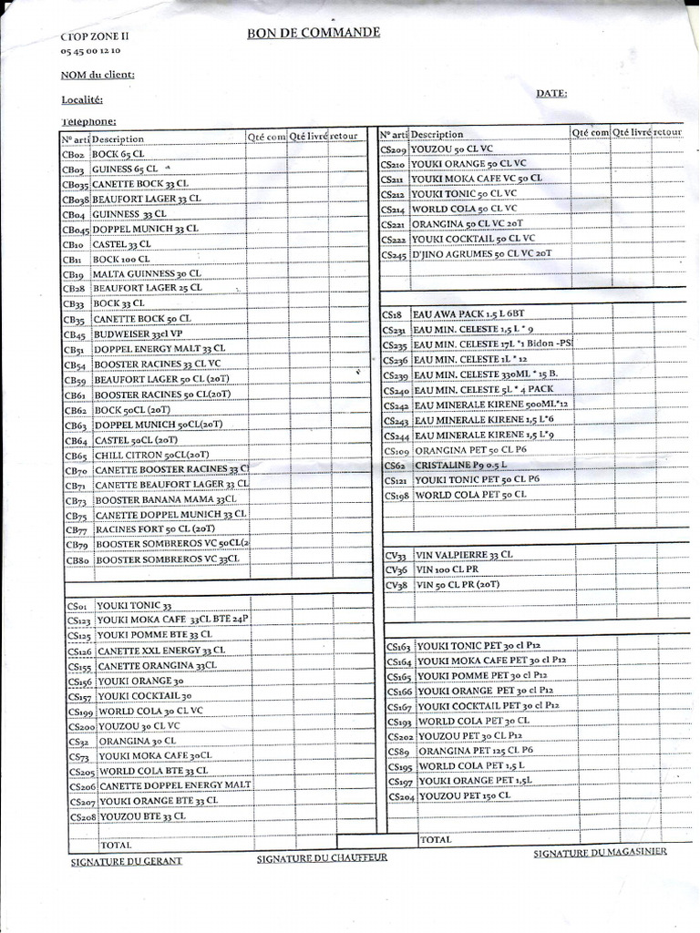 Bon de Commande de Boisson | PDF