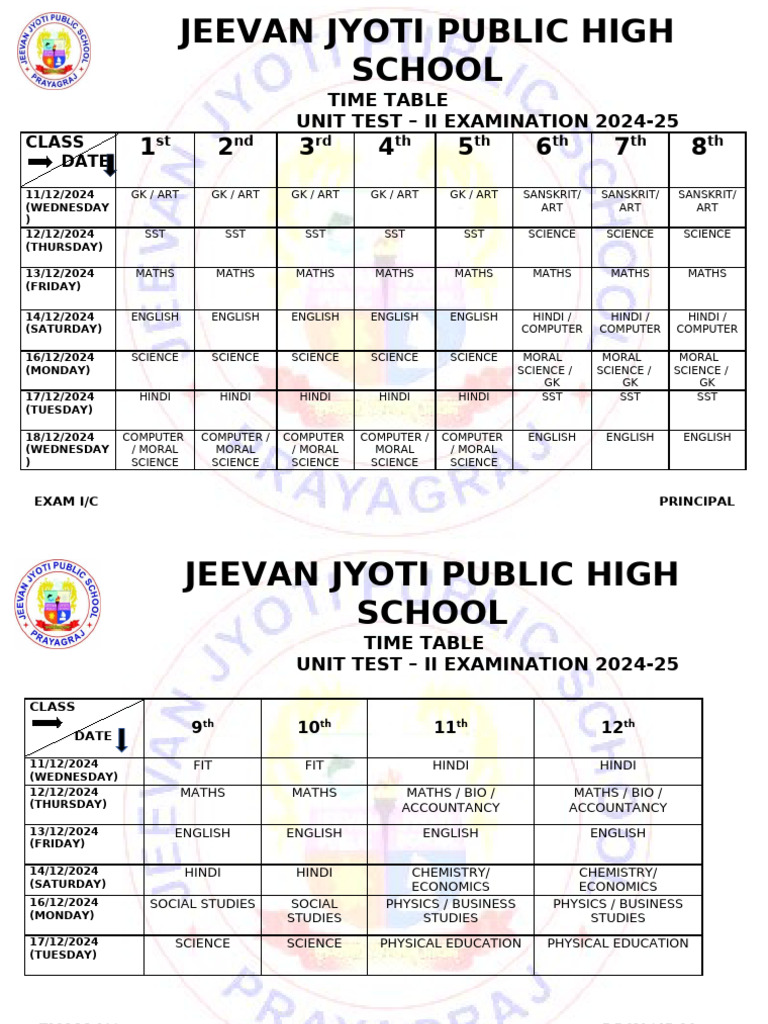 UT II TIME TABLE NURSERY TO 12TH (2024-25) | PDF