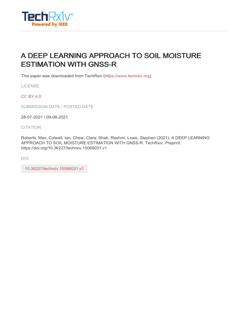 A Deep Learning Approach To Soil Moisture Estimation With GNSS-R | PDF | Receiver Operating ...