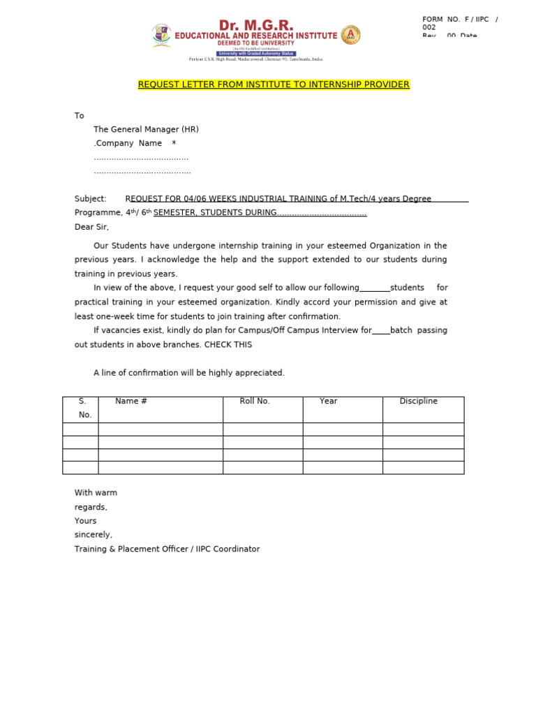 Internship Training Request Letter | PDF