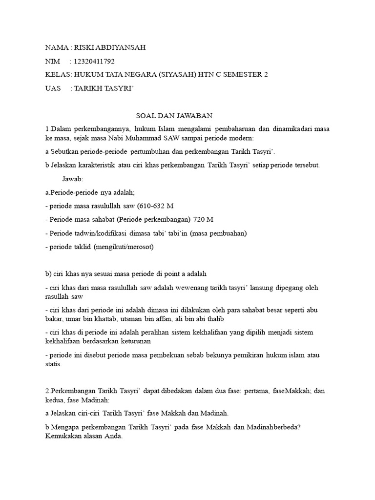 Uas Tarikh Tasri' Riski Abdiyansah | PDF