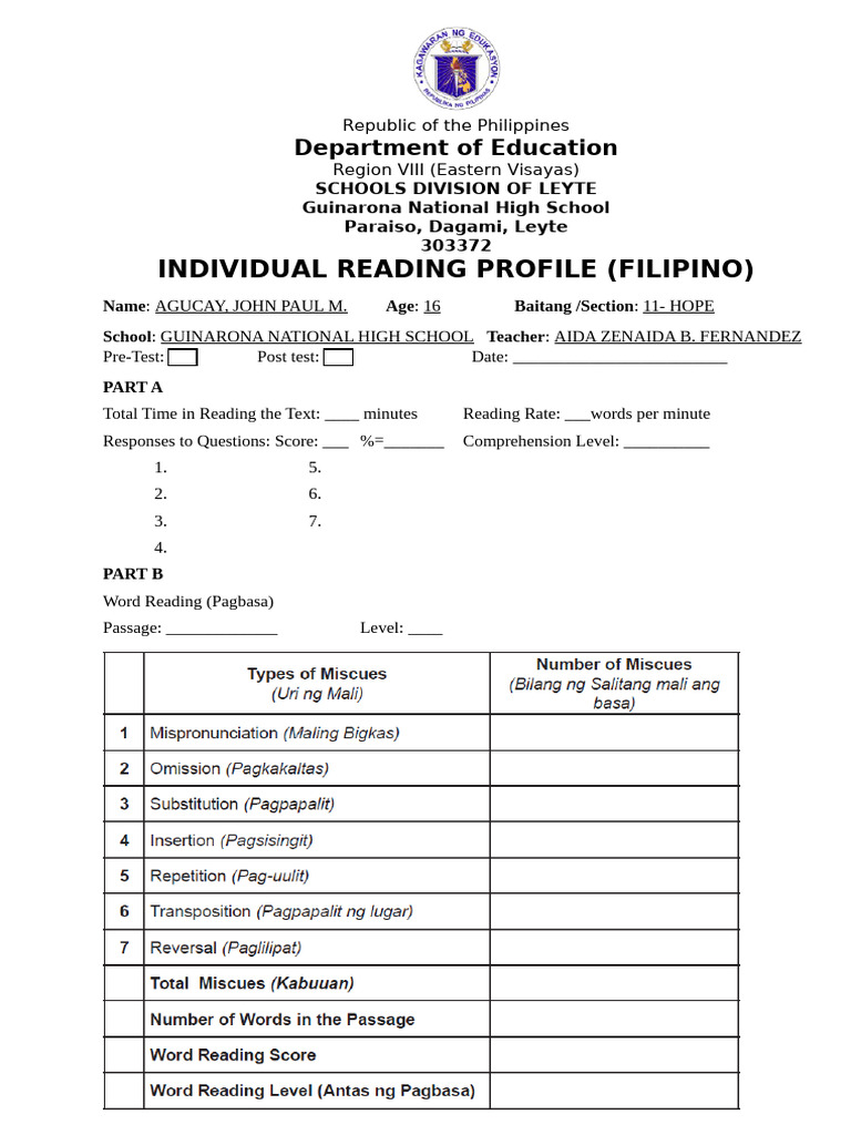 11 Hope Individual-Reading-Profile | PDF | Philippines | Reading ...