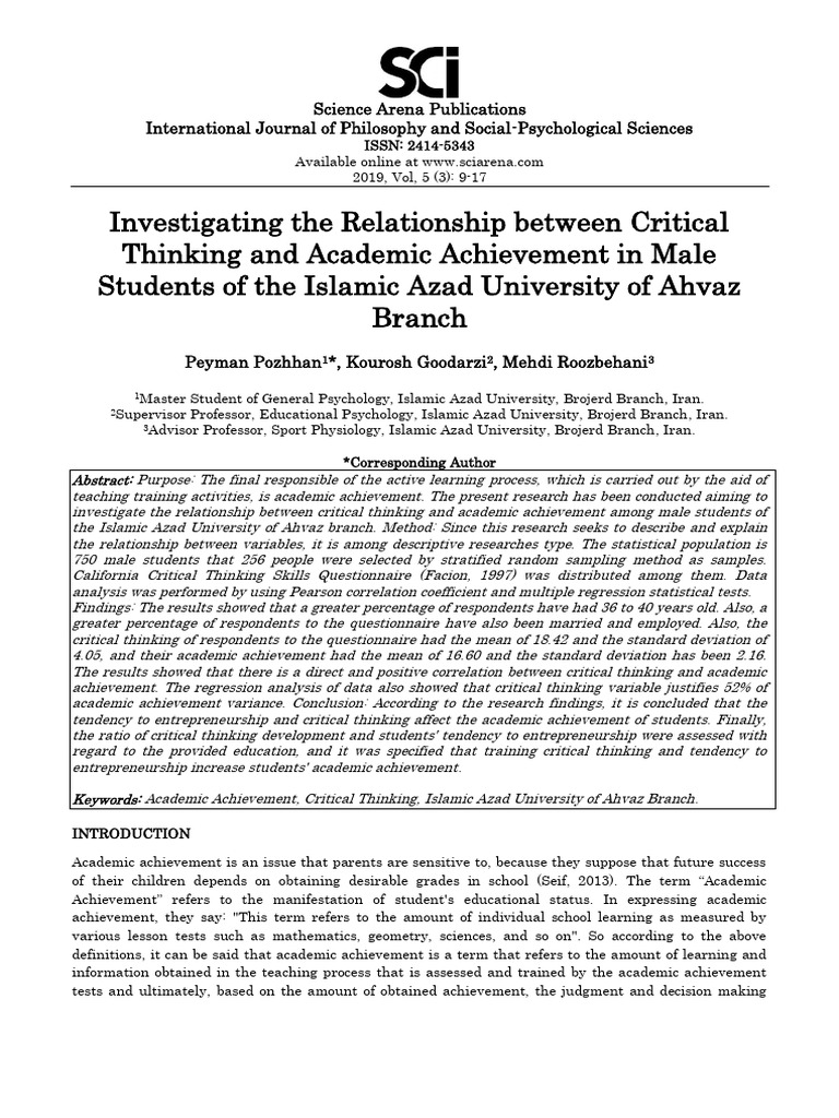 Investigating The Relationship Between Critical Thinking and Academic Achievement in Male ...