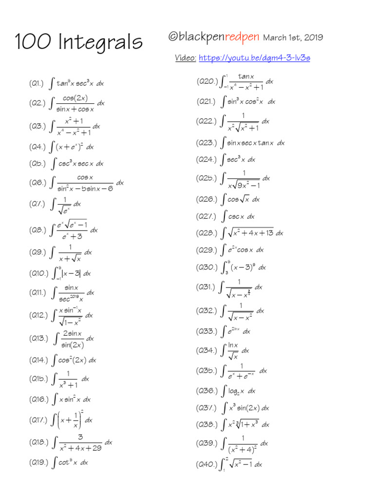 100 Integrals | PDF