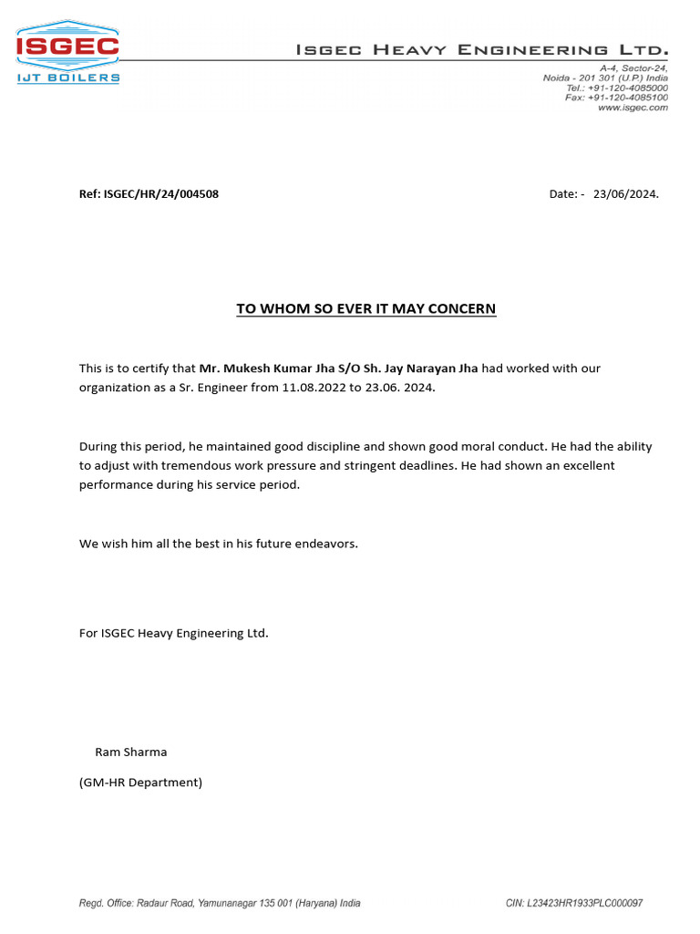 ISGEC Experiance Letter | PDF