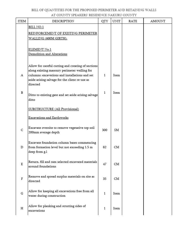 Bill of Quantities for Wall Construction | PDF | Concrete ...